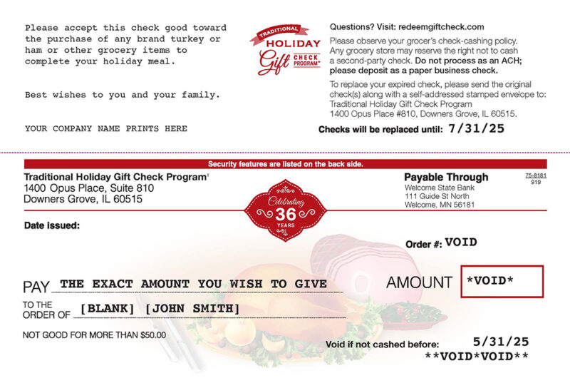 Holiday Gift Check Program - Ham & Turkey Gift Checks